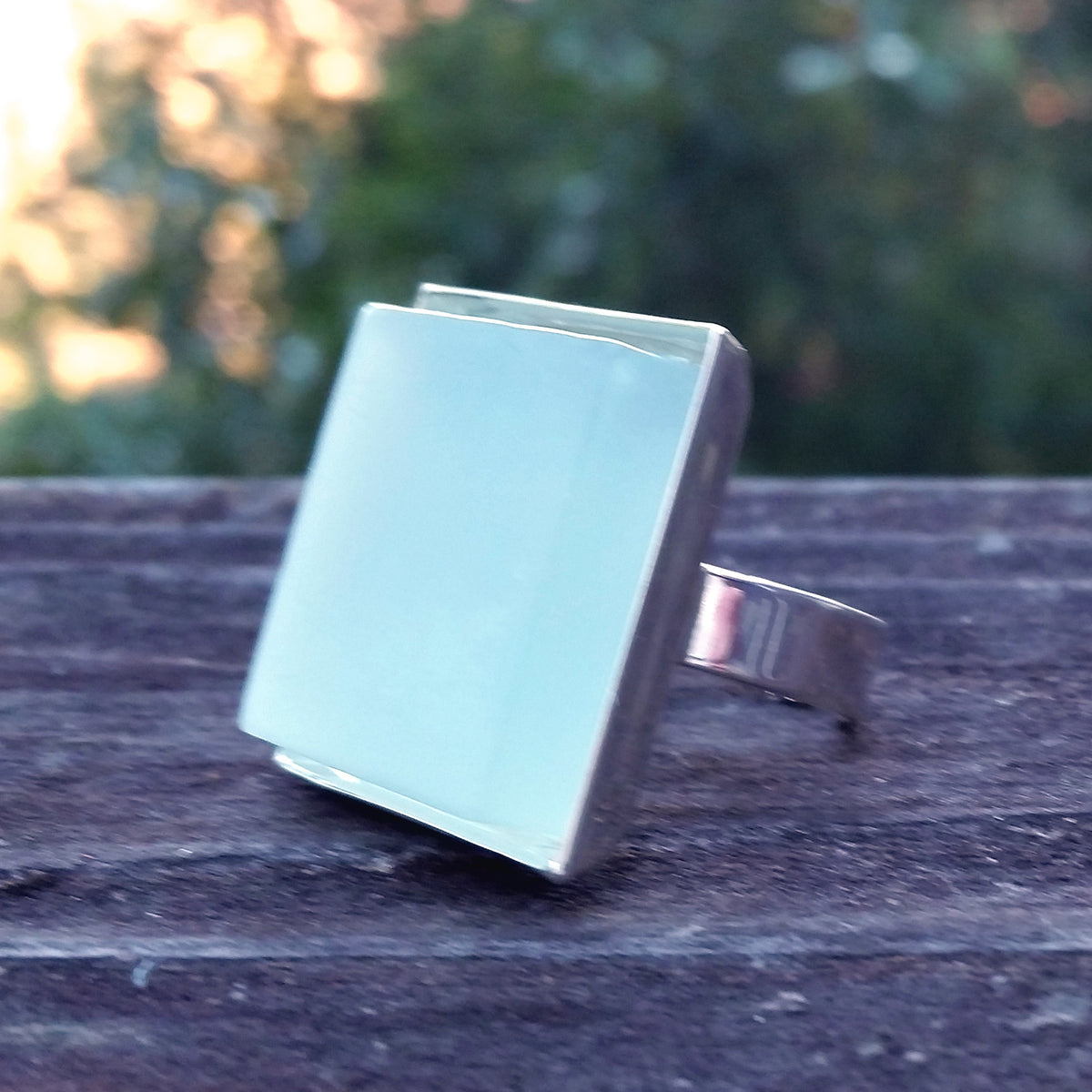 Aqua glass tile silver-plated adjustable ring – Amy Pfaffman