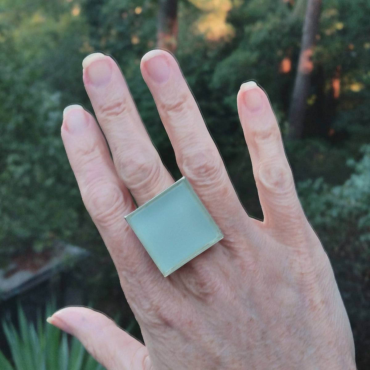 Aqua glass tile silver-plated adjustable ring – Amy Pfaffman